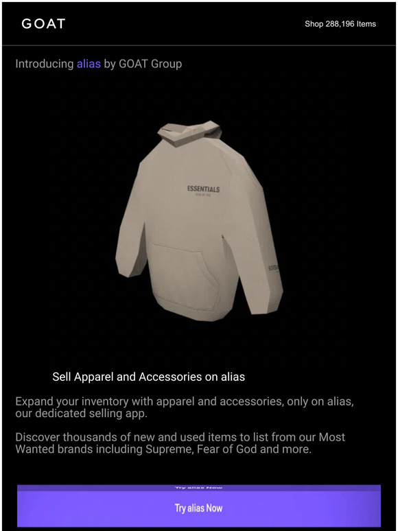 GOAT: [SEED] Sell apparel and accessories, only on alias | Milled