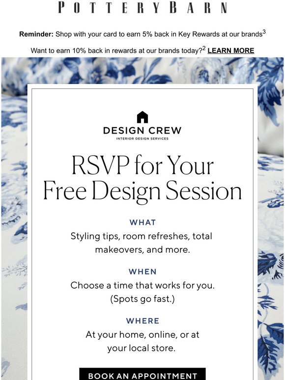 Pottery Barn: Book now to get a FREE design appt. | Milled