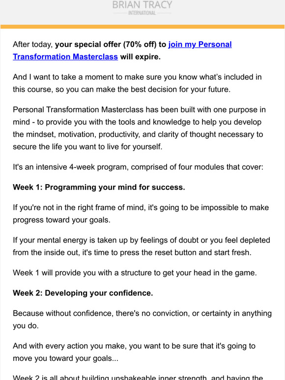 Brian Tracy: Everything you'll get inside Personal Transformation Masterclass... | Milled