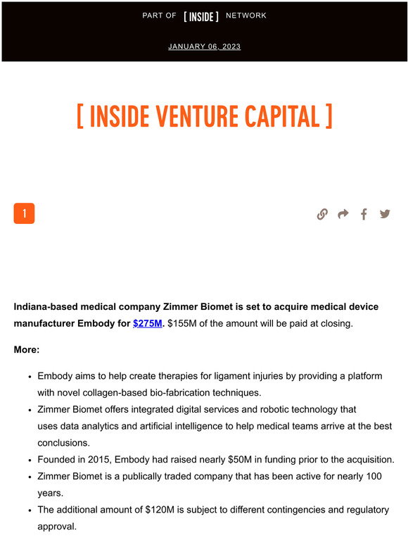 Inside: Zimmer Biomet to acquire medical device manufacturer Embody for ...