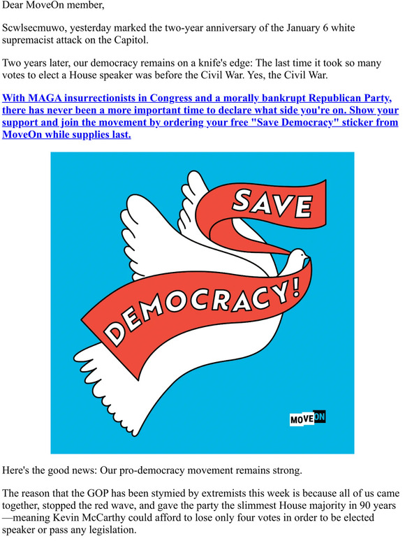 MoveOn: Can we send you a free "Save Democracy" sticker? | Milled