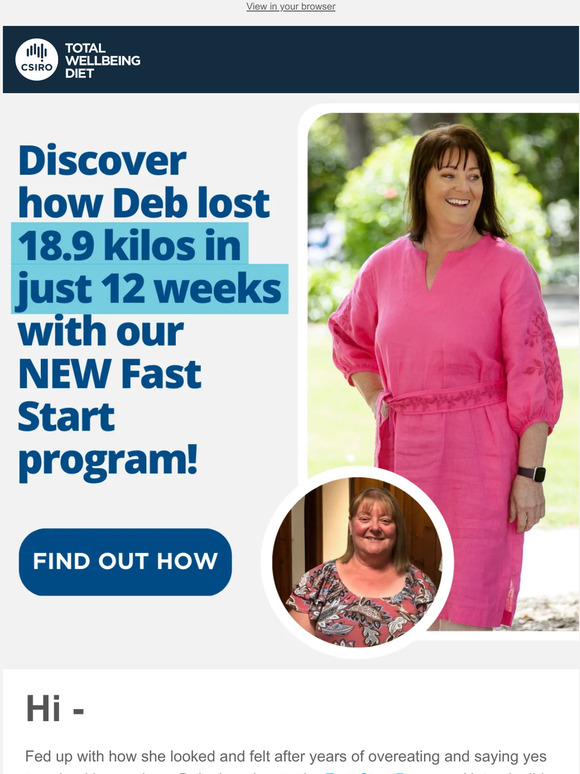 CSIRO Total Wellbeing Diet: Deb lost 18.9 kg with our NEW Fast Start Program 😮🙌 | Milled