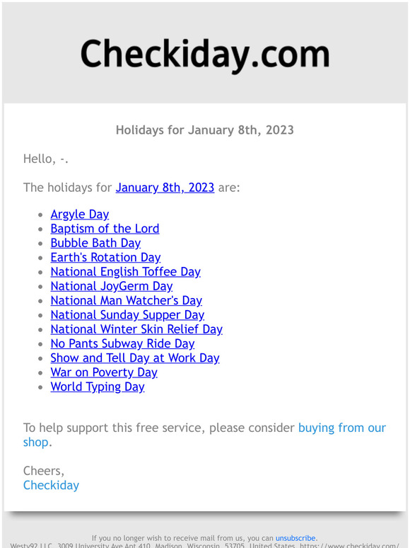 Checkiday: Holidays for January 8th, 2023! 📅🎉 | Milled