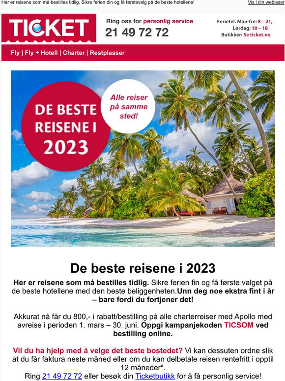 Ticket: De beste charterreisene i 2023 ☀️ Restplasser til solen | Milled
