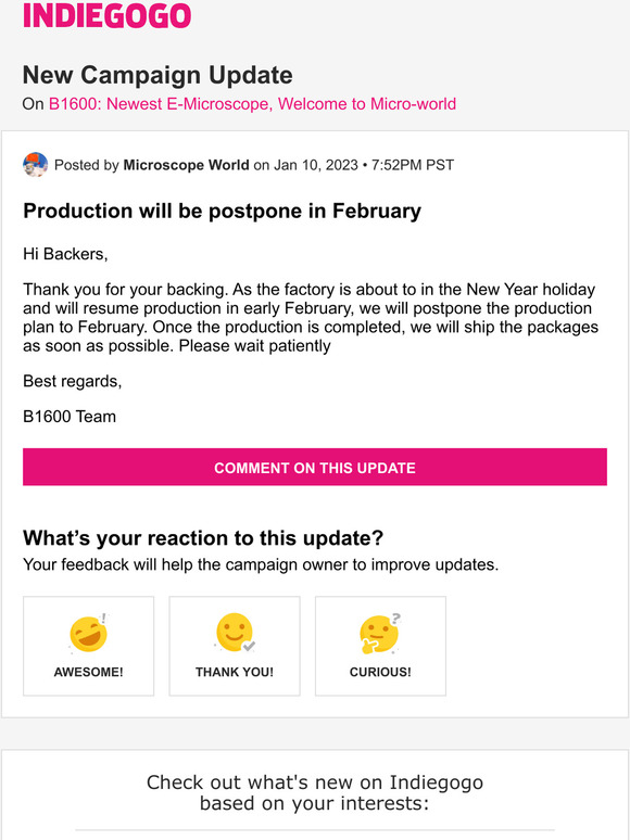 Indiegogo: 📢 Update #5 from B1600: Newest E-Microscope, Welcome to ...