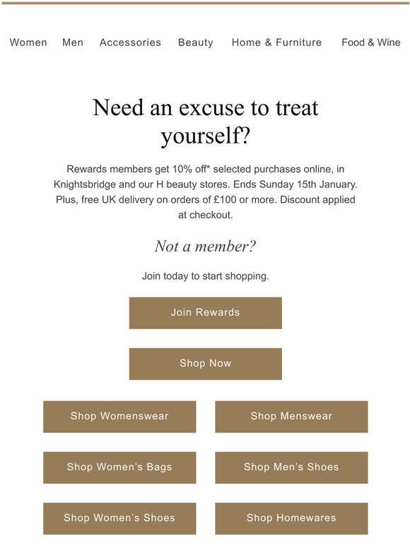 Harrods: Rewards members: Enjoy 10% off* selected purchases | Milled