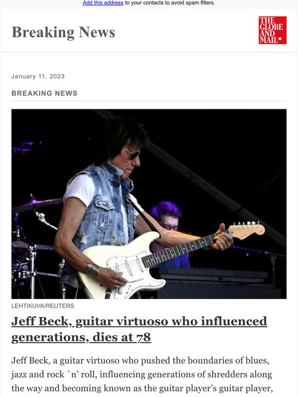 The Globe and Mail: Breaking News: Jeff Beck, guitar virtuoso who ...