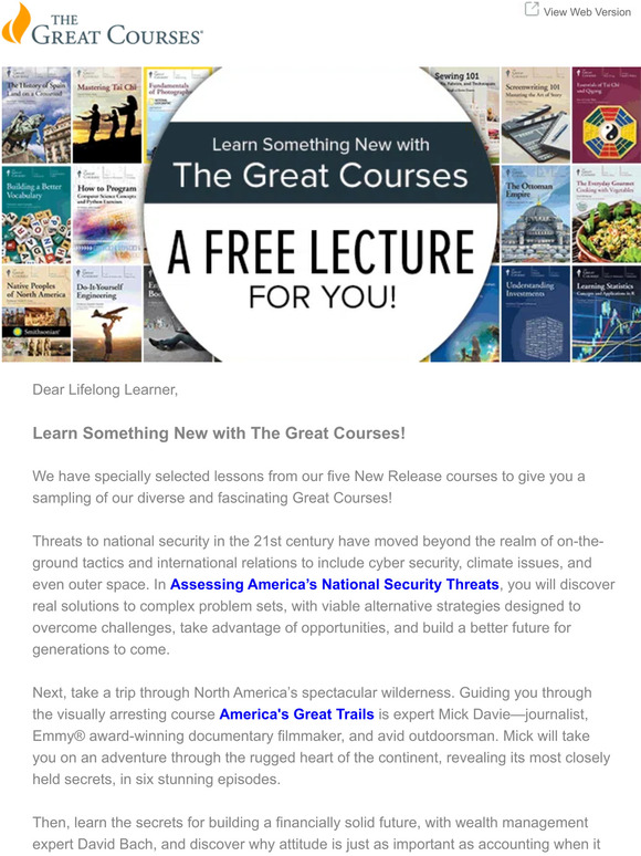 The Great Courses: Enjoy 5 Free Lectures...Start Watching Now | Milled