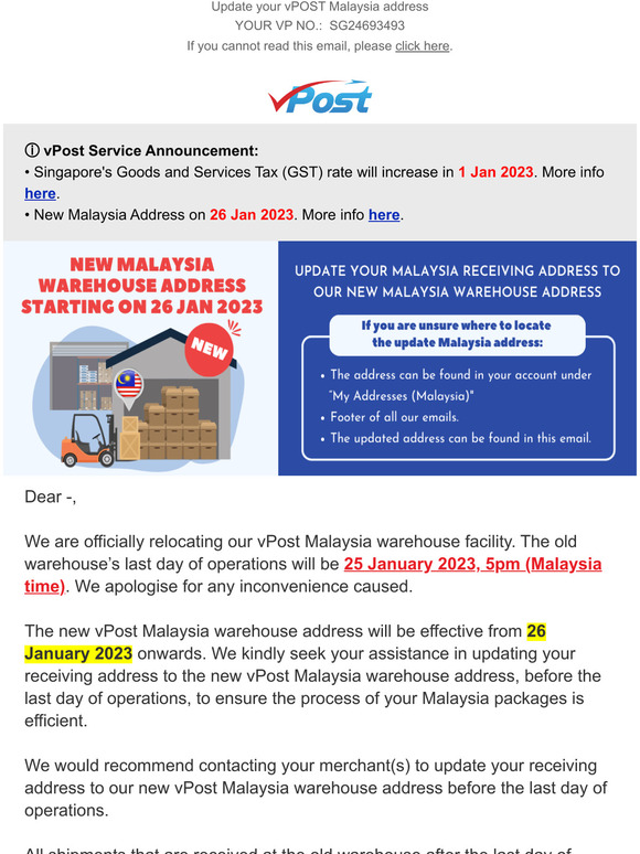 vPost: ⚠️vPost Malaysia Warehouse Important Notice⚠️ - Update your vPost Malaysia address | Milled