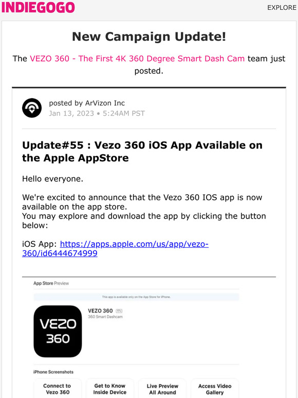 Indiegogo: 📢 Update #54 from VEZO 360 - The First 4K 360 Degree Smart Dash Cam | Milled