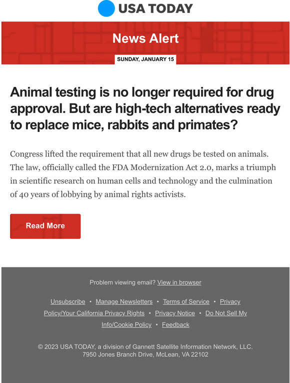 USA TODAY: News alert: Animal testing is no longer required for drug ...