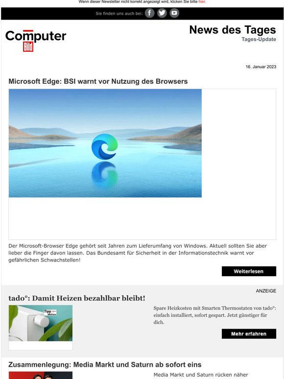 COMPUTER BILD: Microsoft Edge: BSI warnt vor Nutzung des Browsers / Zusammenlegung: Media Markt ...