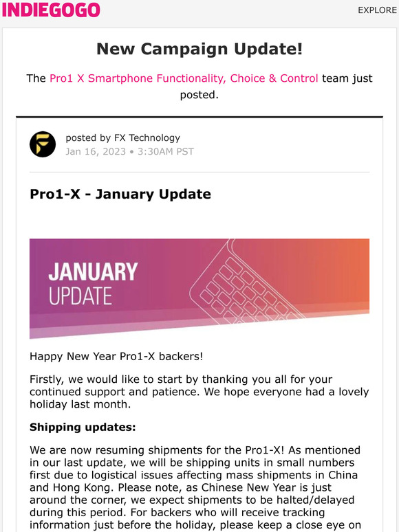 Indiegogo: 📢 Update #50 from Pro1 X Smartphone Functionality, Choice & Control | Milled