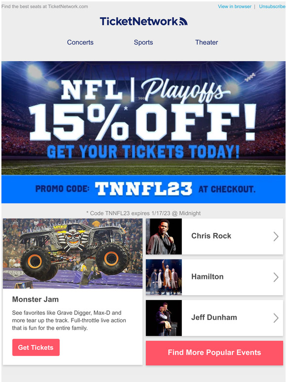 Ticket Network: NFL Playoffs Are On! / Monster Jam / Chris Rock ...
