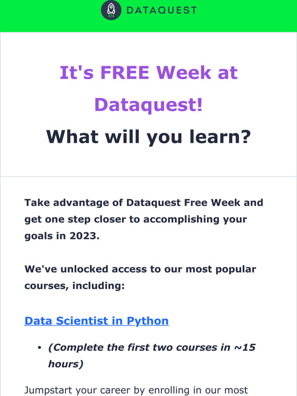Dataquest: Learn FREE; we’ve unlocked our most popular path and courses for an entire week | Milled