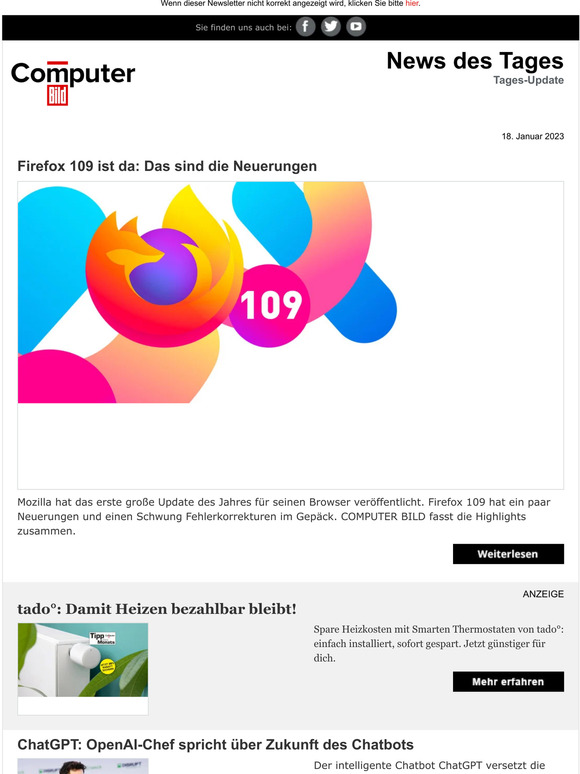 COMPUTER BILD: Firefox 109: Das sind die neuen Features / ChatGPT: OpenAI-Chef spricht über ...