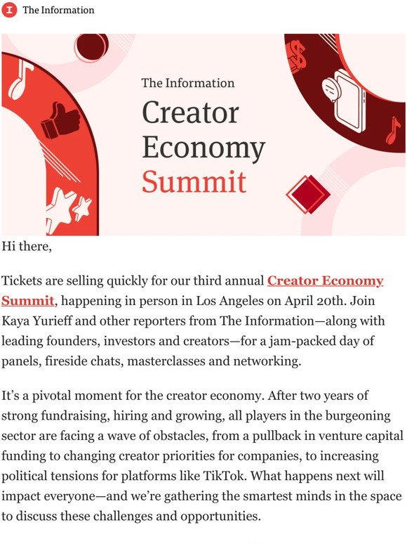 The Information: Tickets are going fast for the Creator Economy Summit ...