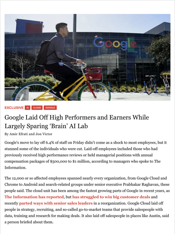 The Information: Exclusive: Google Laid Off High Performers and Earners While ‘Brain’ AI Lab ...