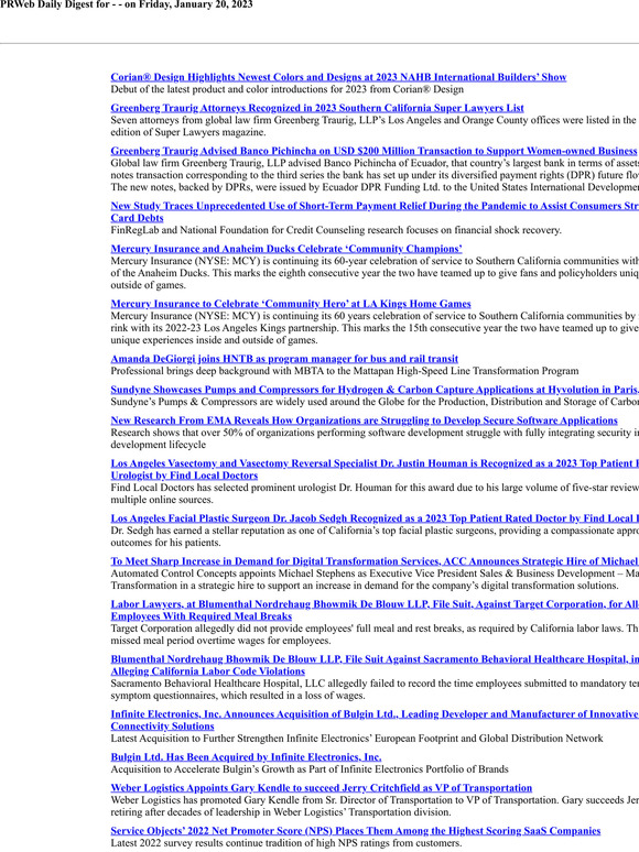 PRWeb: PRWeb Daily Digest for — — on Friday, January 20, 2023 | Milled