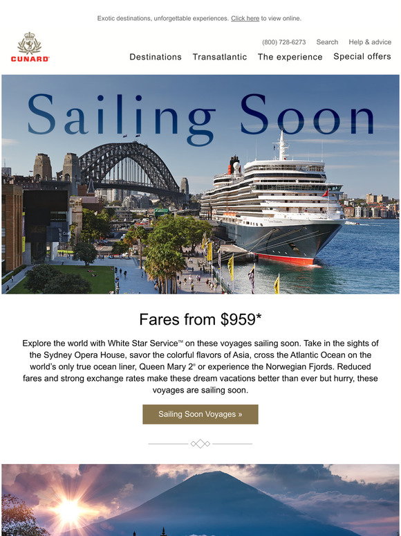 Cunard: —, don’t miss out on reduced fares on exotic voyages sailing ...