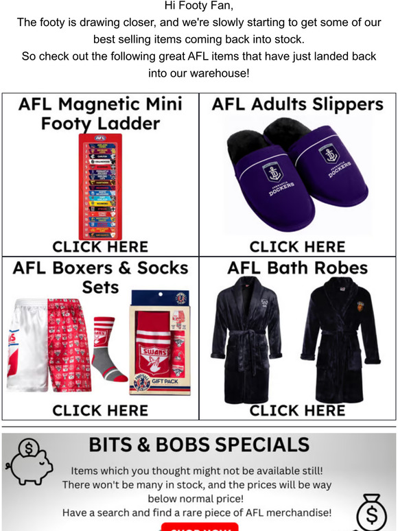AFL Footy Shop: Footy Fan, check out these Back In Stock items | Milled