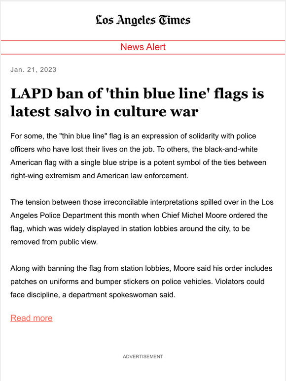 Los Angeles Times: LAPD ban of ‘thin blue line’ flags is latest salvo ...