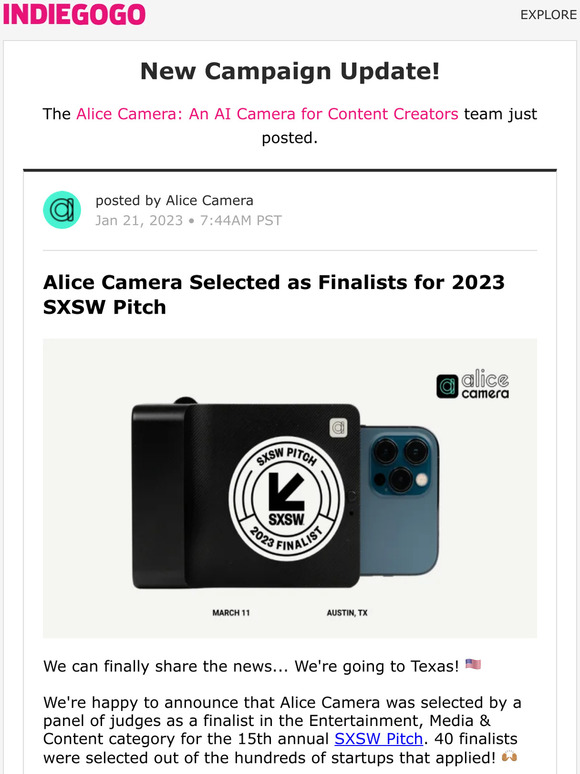 Indiegogo: 📢 Update #16 from Alice Camera: An AI Camera for Content ...