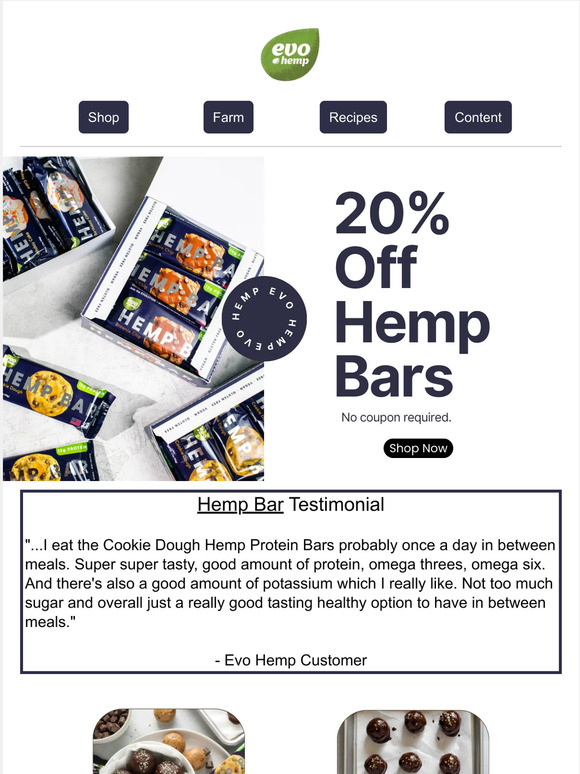 Evo Hemp: 🤔 How about 20% off Hemp Bars? | Milled