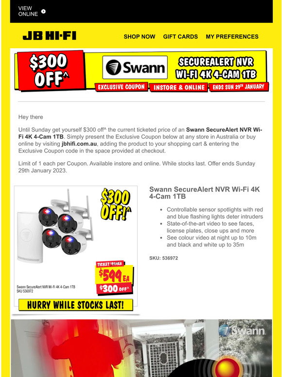 JB Hi-Fi: Exclusive Coupon: $300 Off Swann Wi-Fi 4K Cam | Milled
