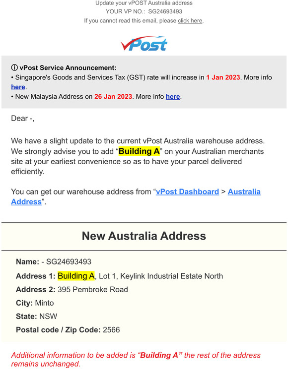 vPost: ⚠️vPost Australia Warehouse Important Notice⚠️ - Update your vPost Australia address | Milled