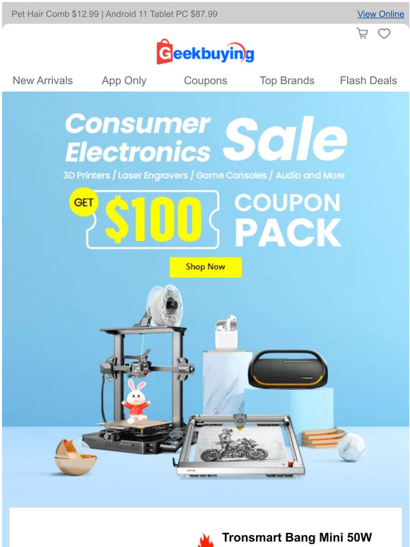 GeekBuying: 👏Get $100 Coupon Pack For 3D Printers | 🔊50W Bluetooth ...