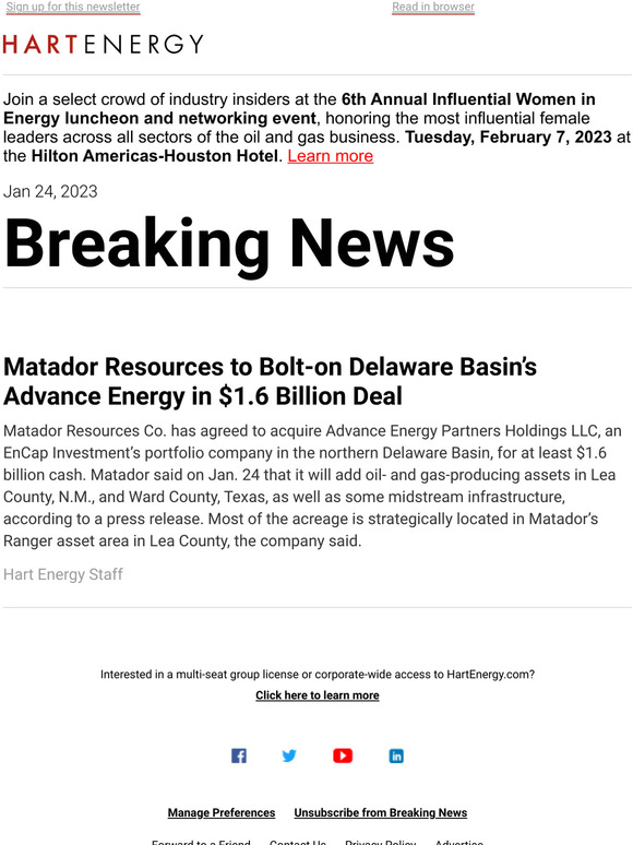Hart Energy: Breaking News: Matador Resources to Acquire Advance Energy for $1.6 Billion | Milled