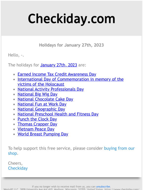 Checkiday: Holidays for January 27th, 2023! 📅🎉 | Milled