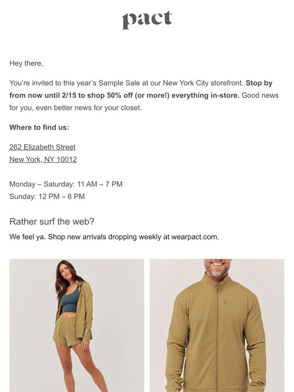 PACT Apparel: 50% off (or more!) at our NYC store. | Milled