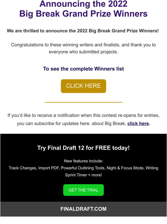 Final Draft: Announcing the 2022 Big Break Grand Prize Winner! | Milled