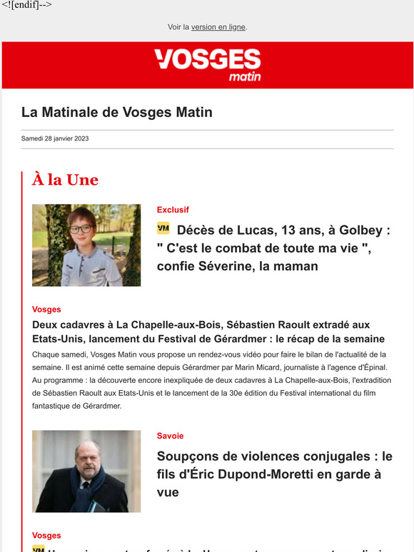 Vosges Matin: Décès de Lucas, 13 ans, à Golbey : Vosges Matin: Décès de Lucas, 13 ans, à Golbey :