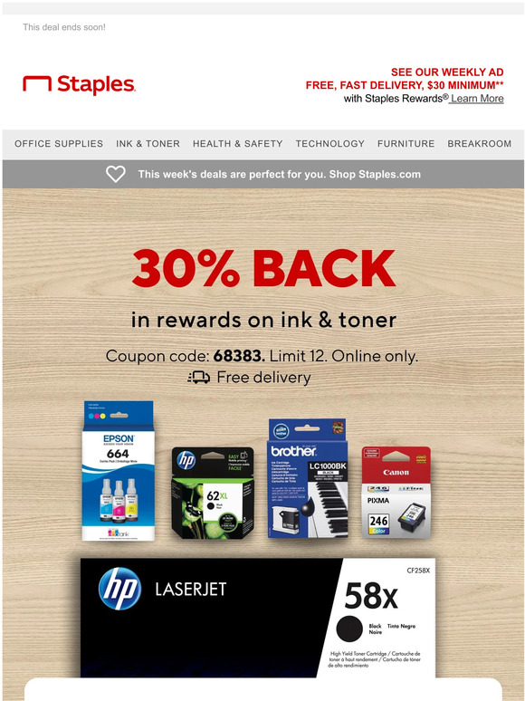 Staples: We're giving you 30% back in rewards on ink and toner ...