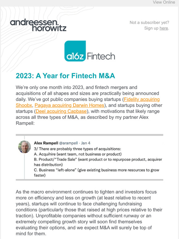 Andreessen Horowitz: 2023: A Year for Fintech M&A (January 2023 Fintech ...