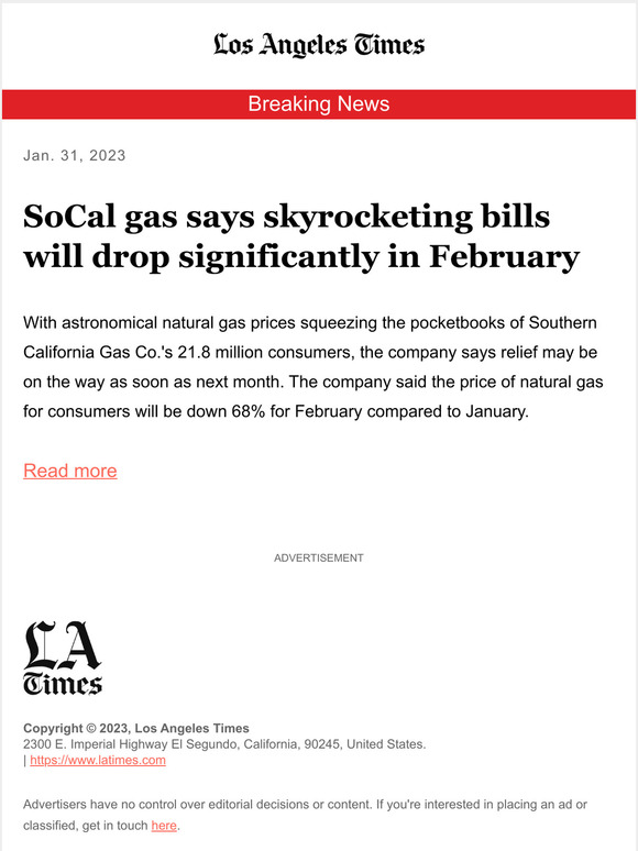 Los Angeles Times: Breaking News: SoCal gas says skyrocketing bills ...