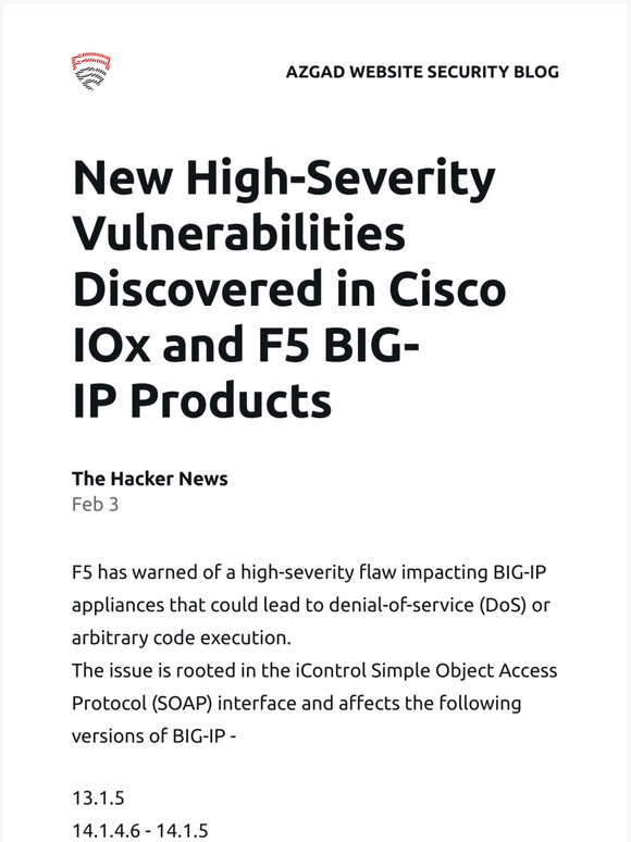 ARANET LLC.: [New post] New High-Severity Vulnerabilities Discovered in Cisco IOx and F5 BIG-IP ...