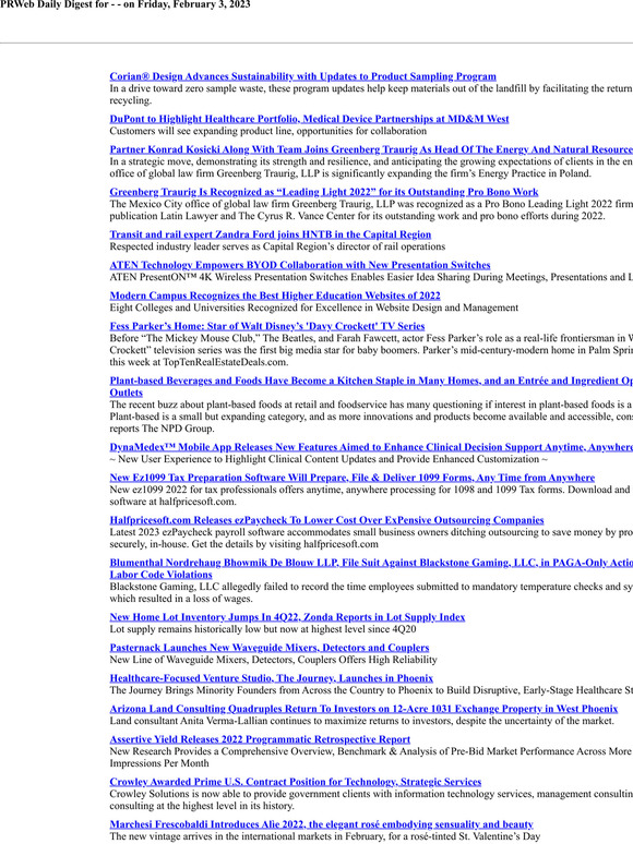 PRWeb: PRWeb Daily Digest for — — on Friday, February 3, 2023 | Milled