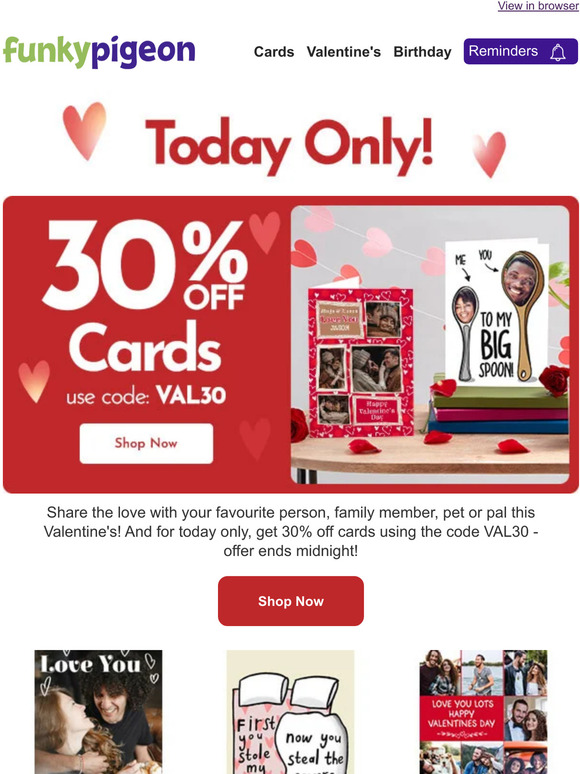 Funky Pigeon: Here, XYZ, have 30% off cards! 💘 | Milled