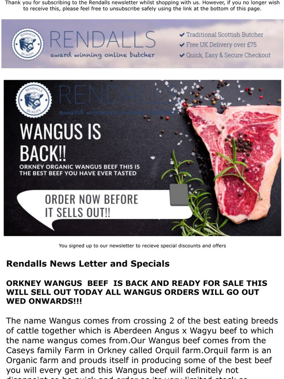 Rendalls: 🐮 Hi —, Our Organically Reared Orkney Wangus Beef is back but ...
