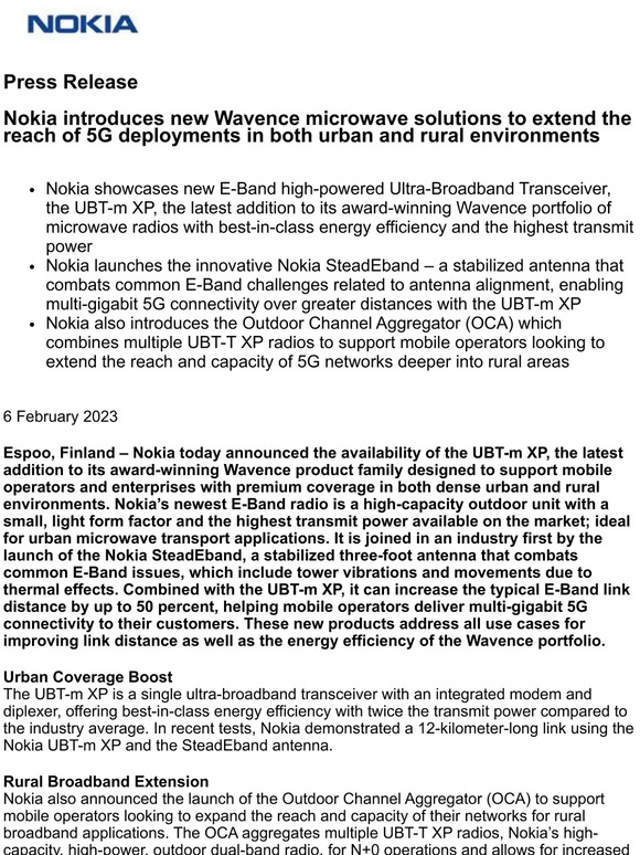 Withings: Nokia introduces new Wavence microwave solutions to extend ...