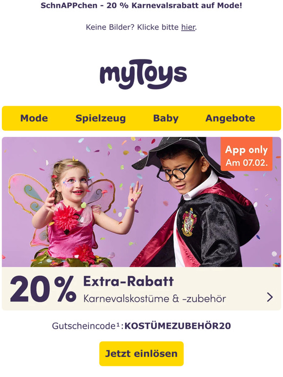 myToys: Nur heute: Spare 20 % zum Karneval in unserer App! 🥳 | Milled