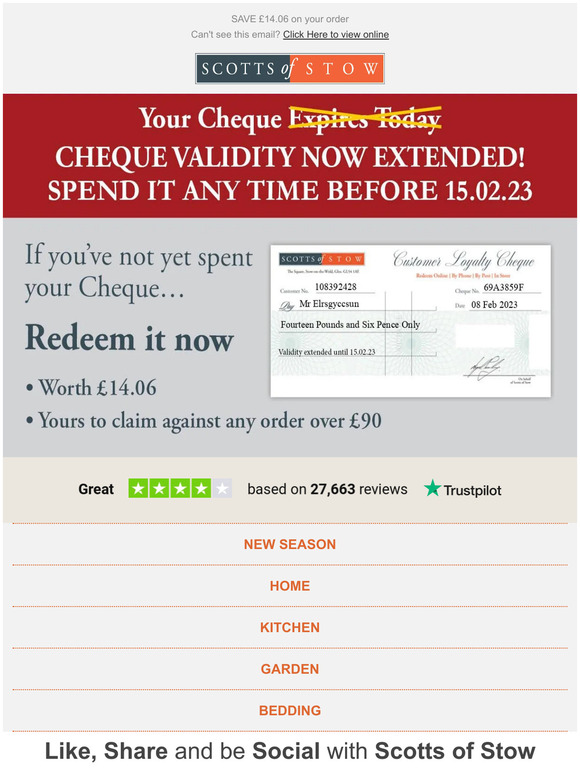 Scotts of Stow: Mr — we’ve extended your Cheque until 15th February | Milled