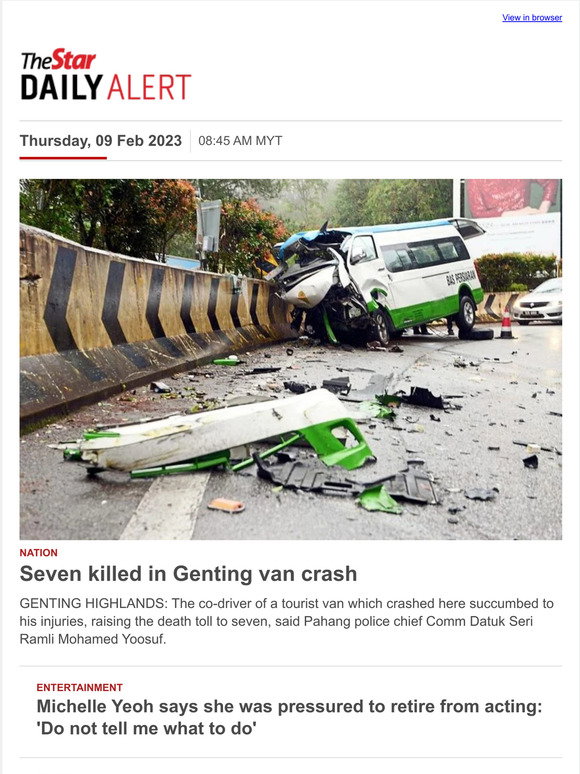 The Star: Seven killed in Genting van crash | Michelle Yeoh says she ...