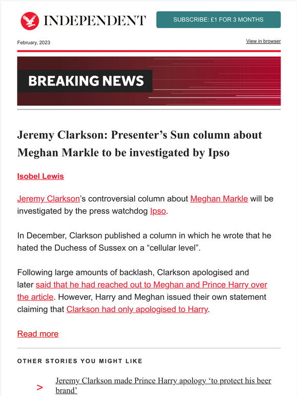 The Independent: Jeremy Clarkson's column about Meghan Markle in The ...