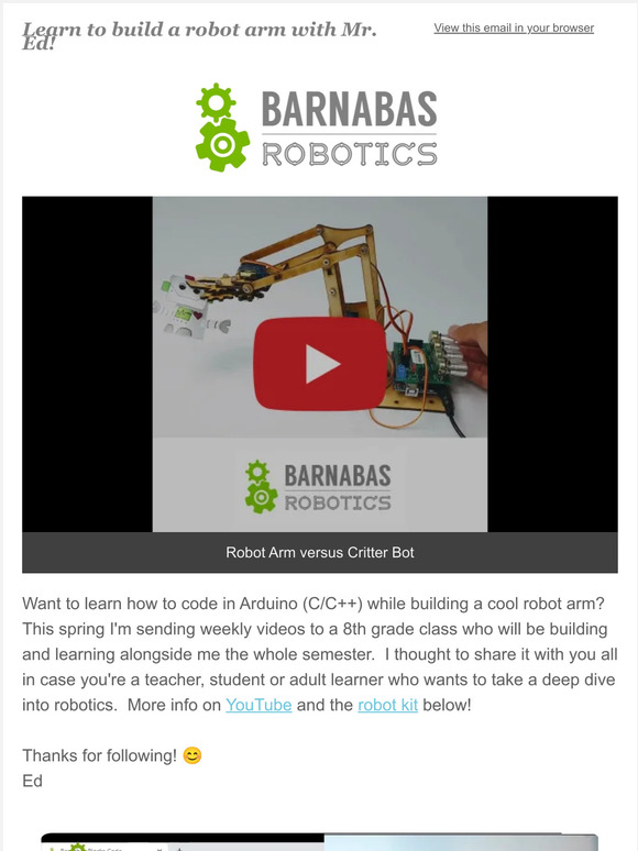 Barnabas Robotics: Build a robot arm, and learn how to code alongside Mr. Ed! 😃 | Milled