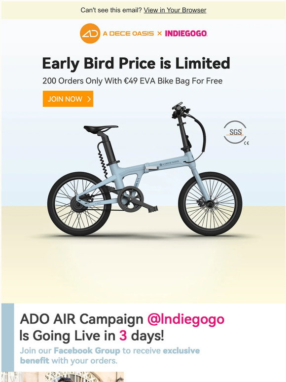 ADO E-BIKE: ⏰ADO AIR eBike Launching in 3 days @Indiegogo! | Milled